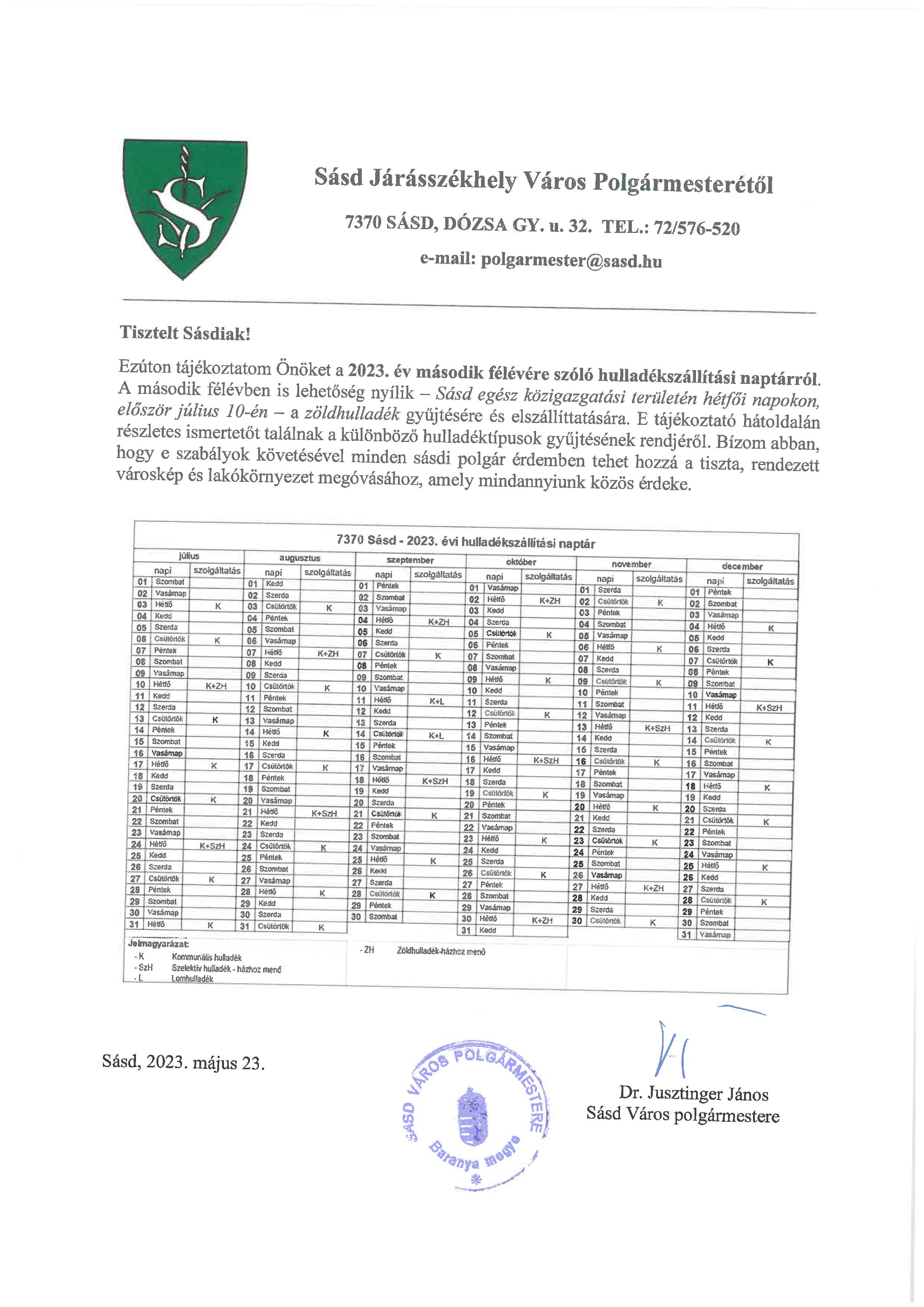 2022-es év hulladékszállítás menetrendje - - Sásd Város Önkormányzata